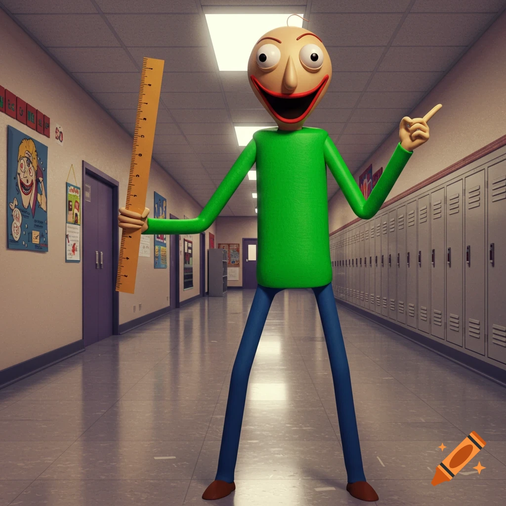 A 3D cartoon character, Baldi, stands in a school hallway holding a ...