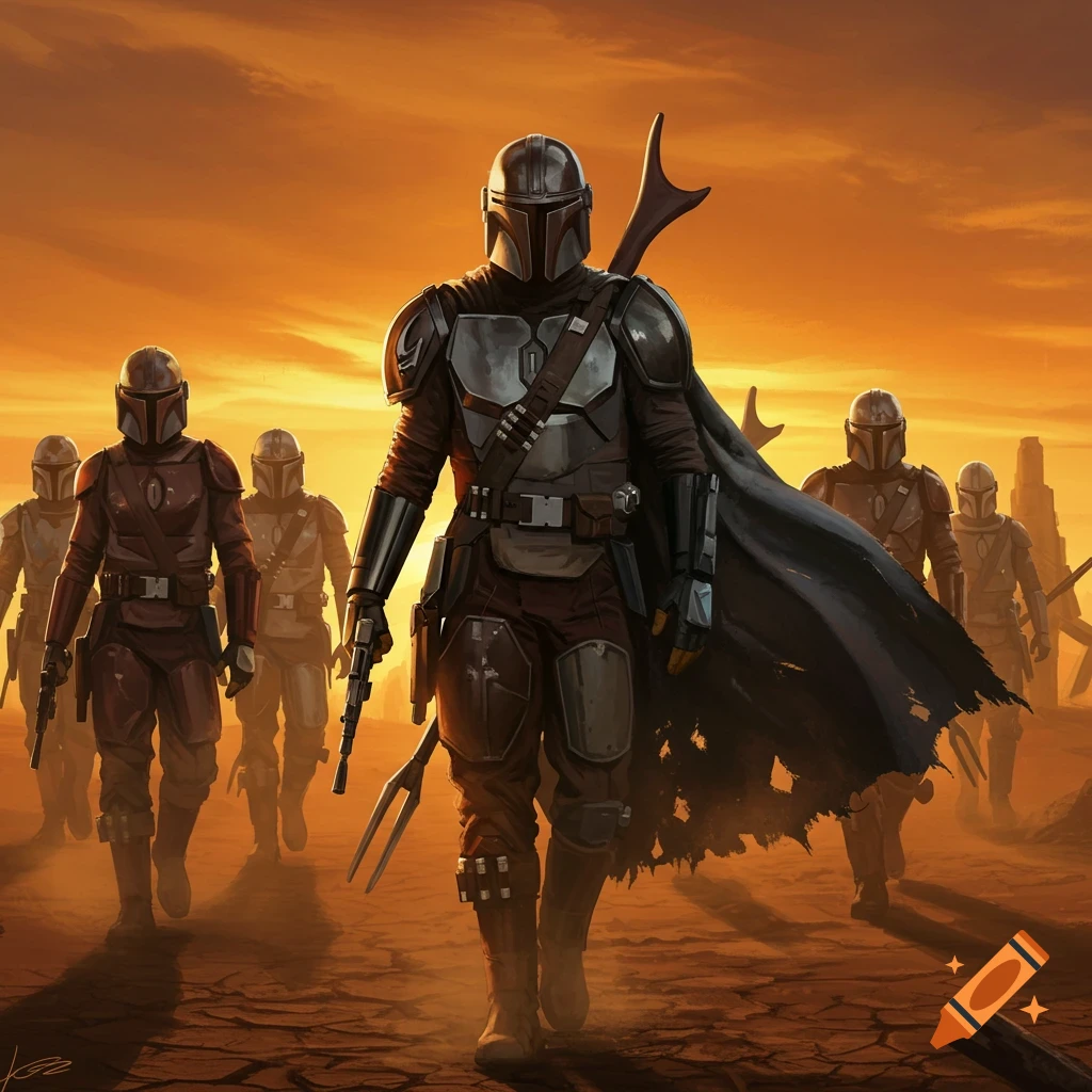 Armored figures, resembling Mandalorians, walk across a cracked desert ...