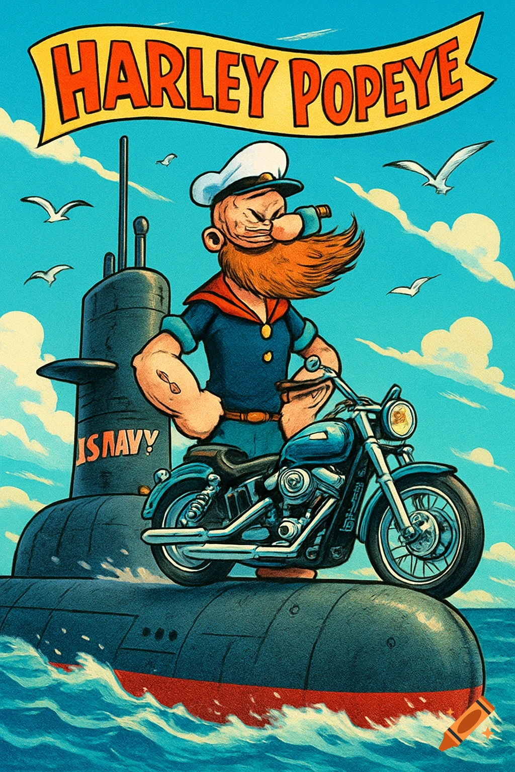 Cartoon Popeye with a beard on a Harley-Davidson motorcycle atop a US ...