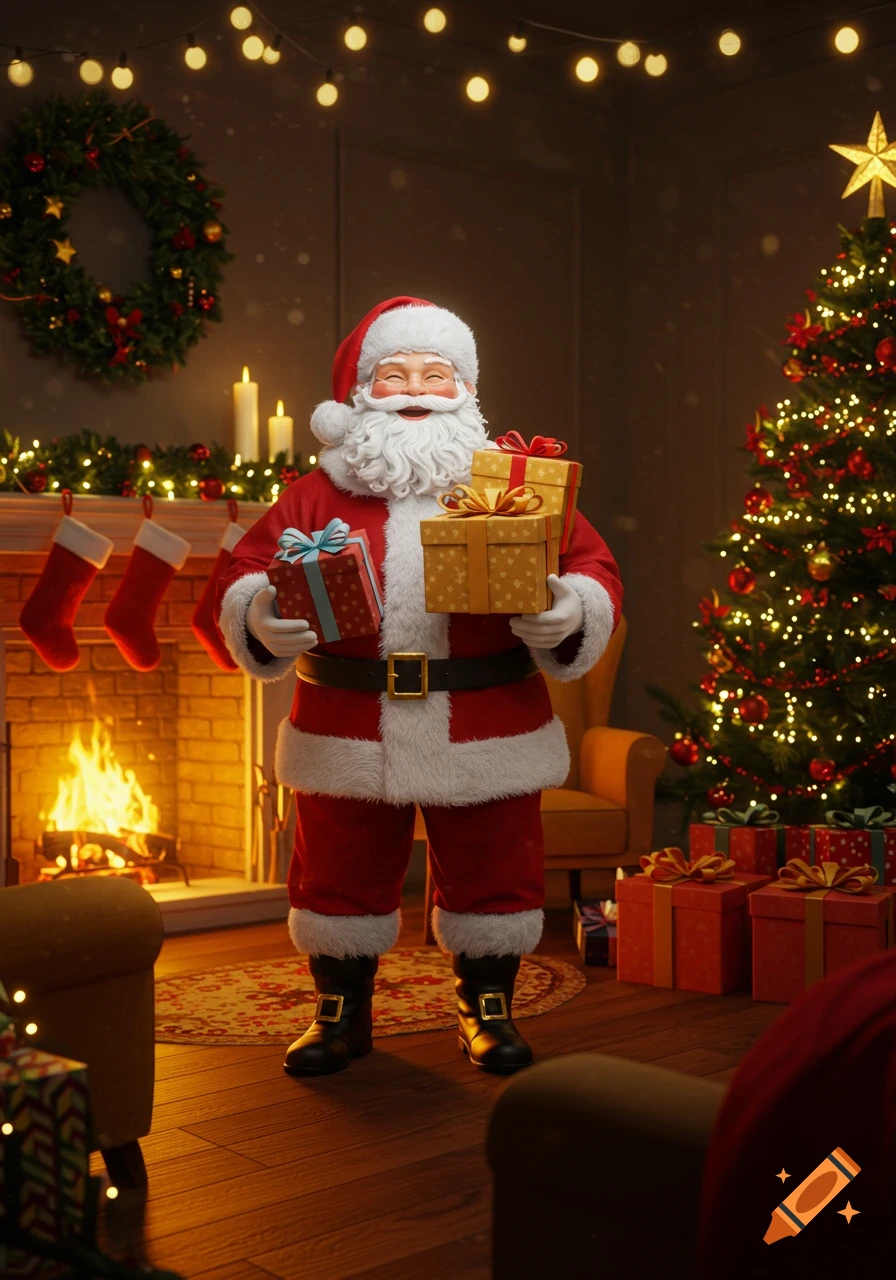 Santa Claus stands smiling, holding wrapped presents in a festive ...
