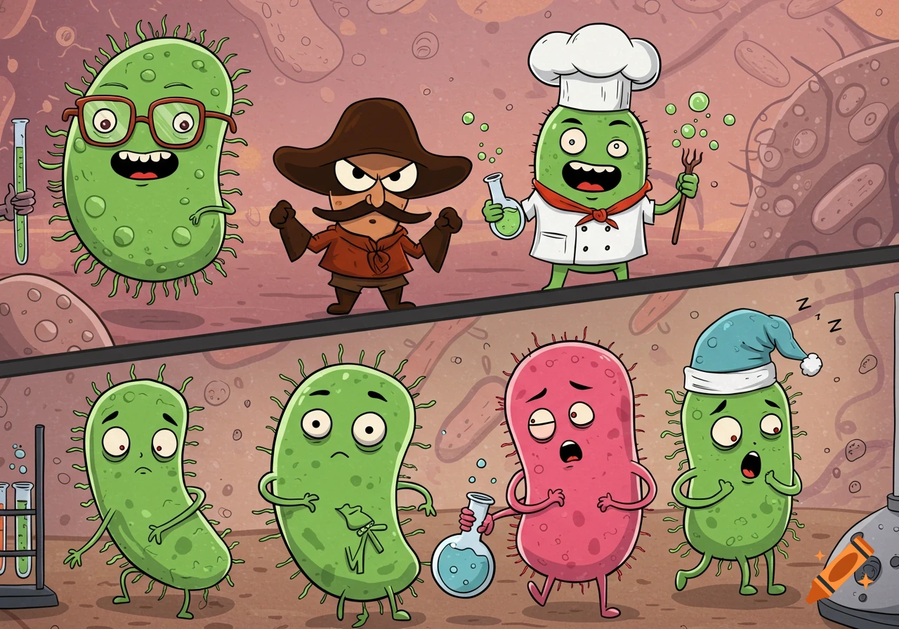 A comic strip featuring various cartoon bacteria characters with ...