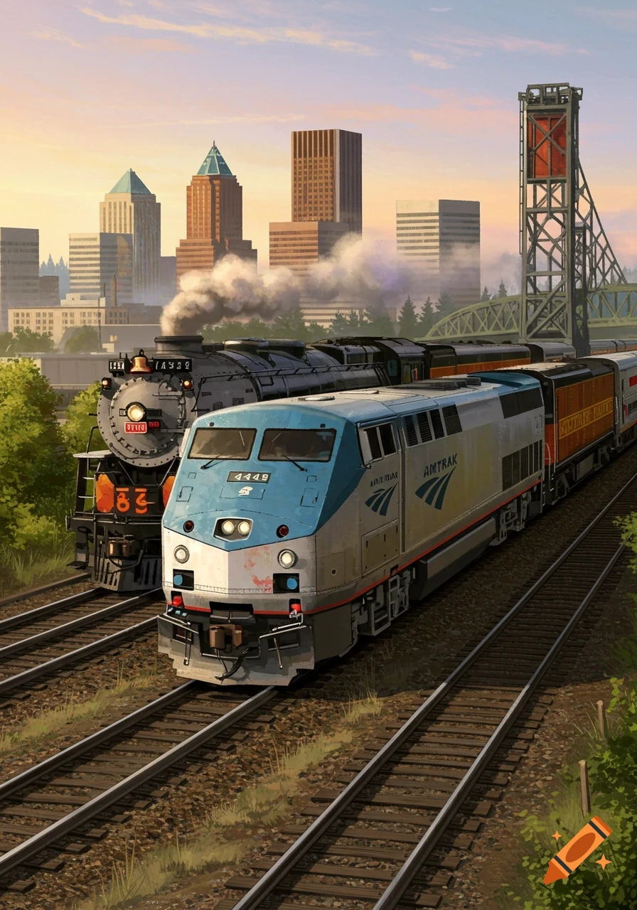An illustration showing a modern blue and white Amtrak train next to a ...