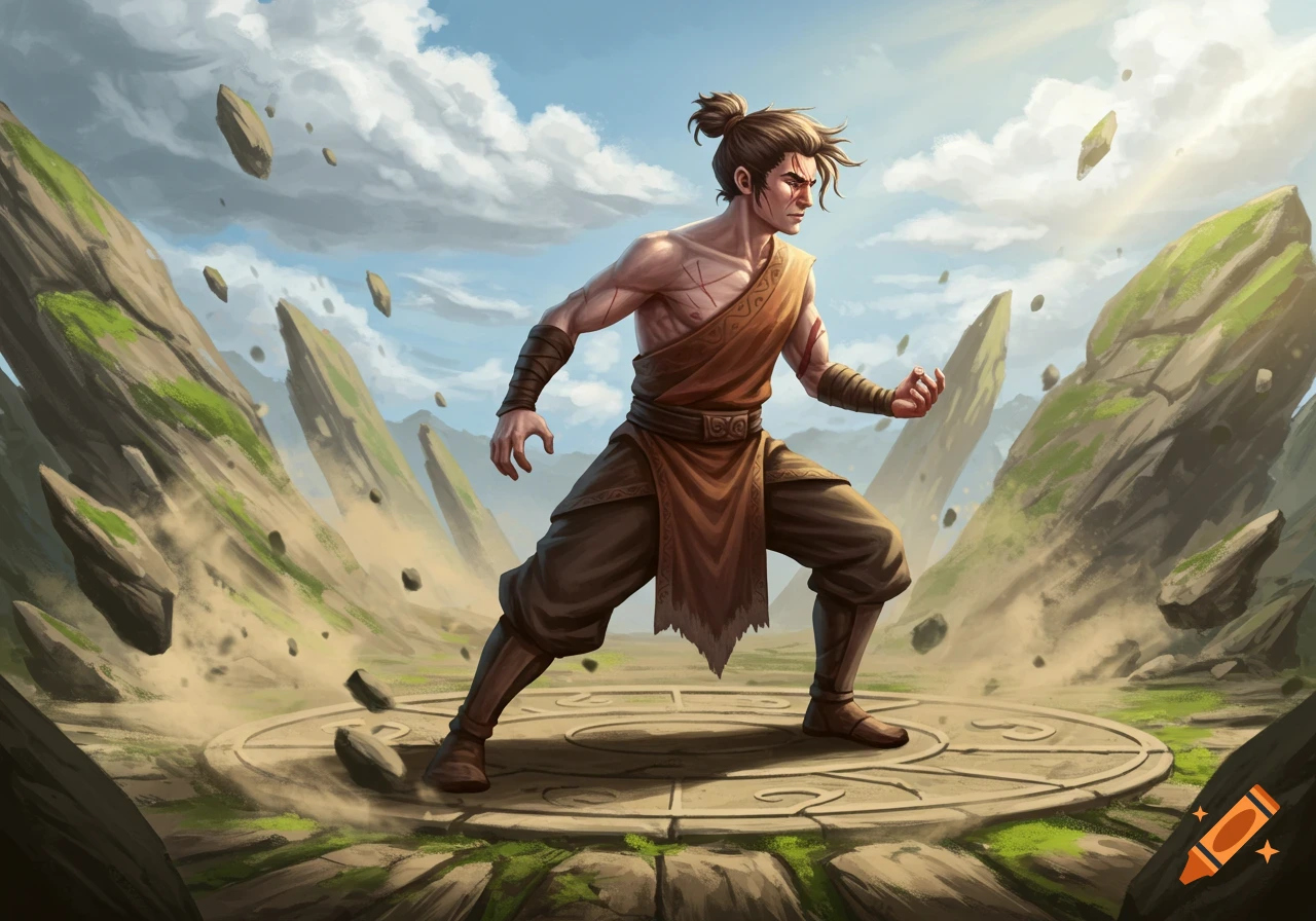 A male earthbender with a messy bun and scars stands on a circular ...