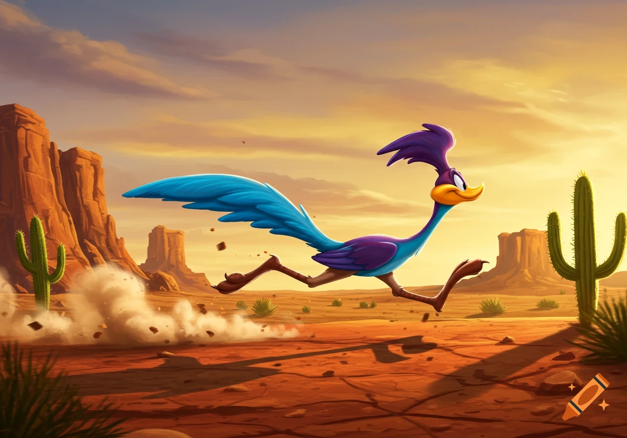 The Road Runner cartoon character sprints across a desert landscape at ...