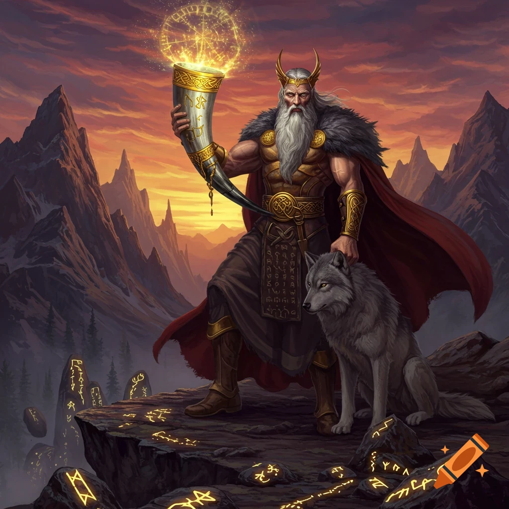 Odin, a white-bearded god, holds a glowing horn beside a wolf on a ...