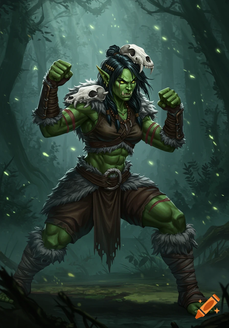 A muscular female orc martial artist in fur and leather armor, with ...