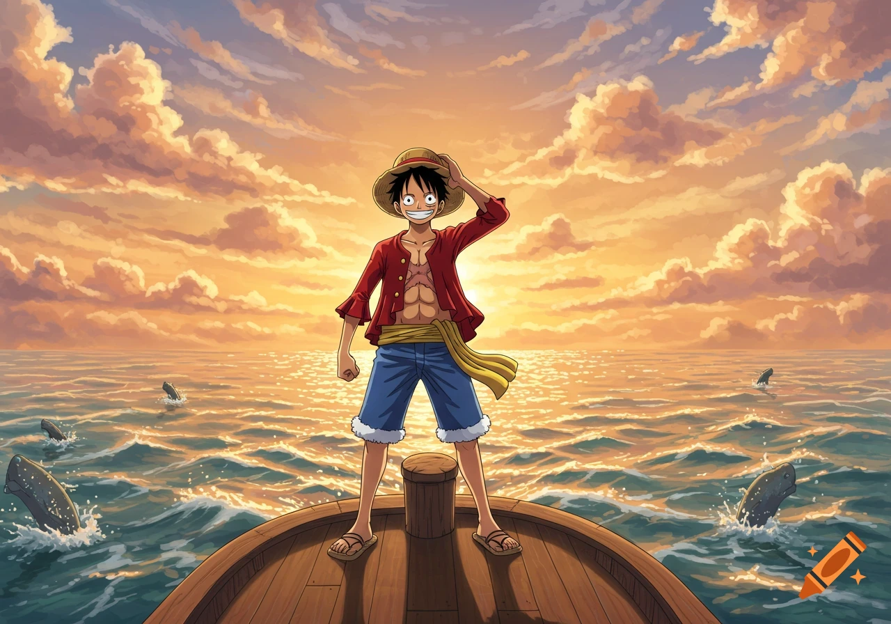 Anime illustration of Monkey D. Luffy on a boat at sunset, hand on his ...