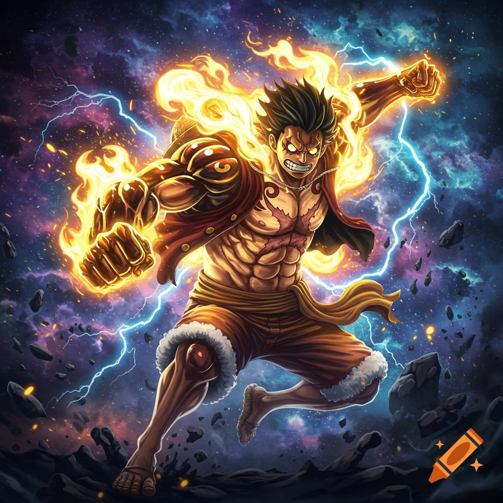 Anime illustration of Gear 5 Luffy, roaring with intense eyes ...