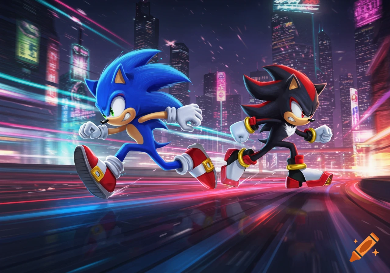 Sonic and Shadow the Hedgehog run at high speed through a neon-lit ...