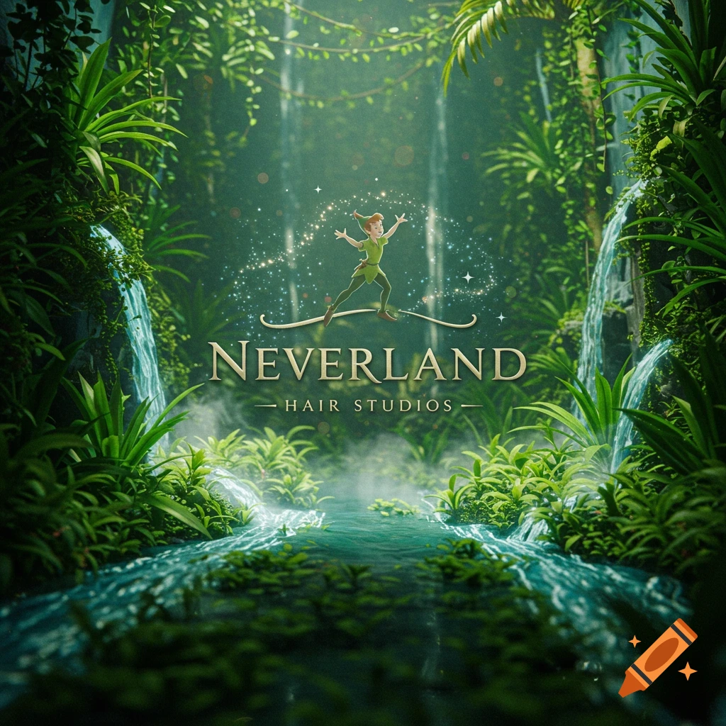 A fantastical logo for Neverland Hair Studios featuring Peter Pan ...
