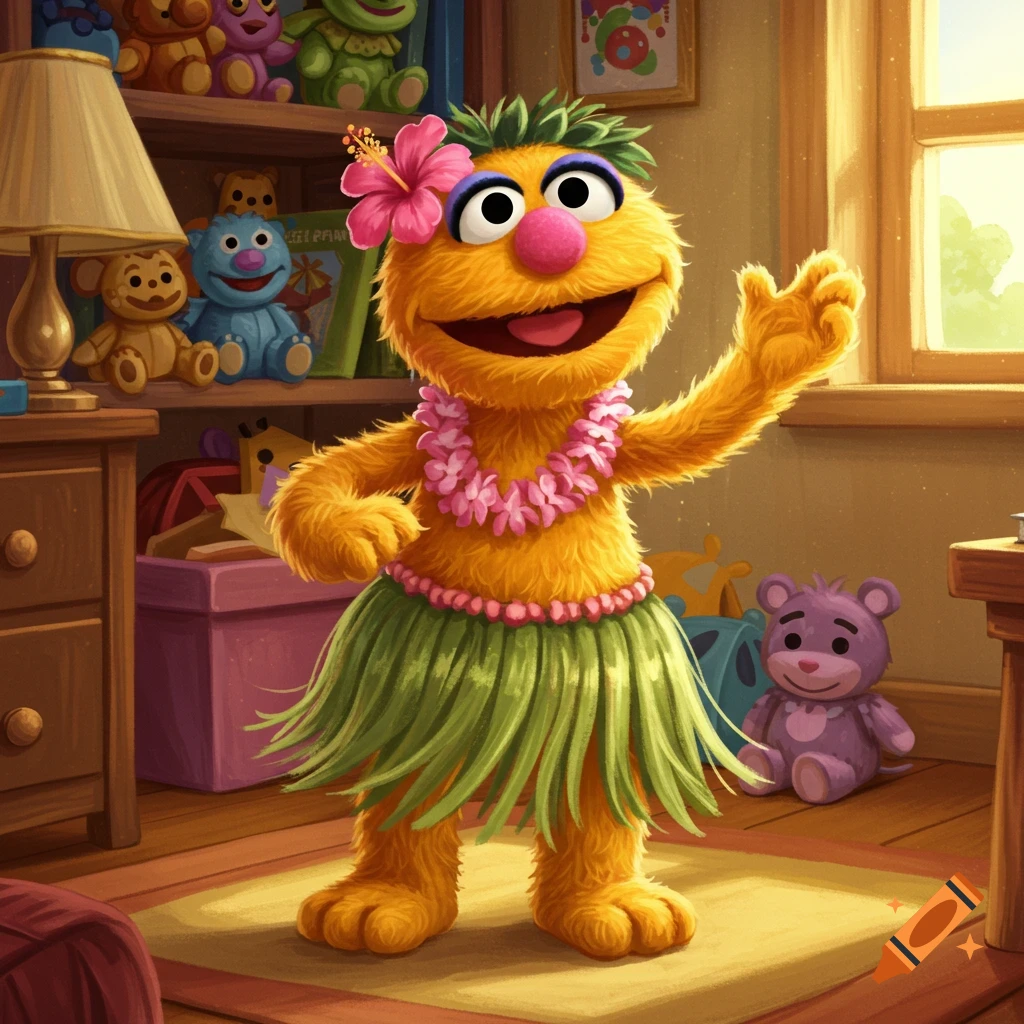 Zoe, a yellow furry monster from Sesame Street, hula dances in her room ...