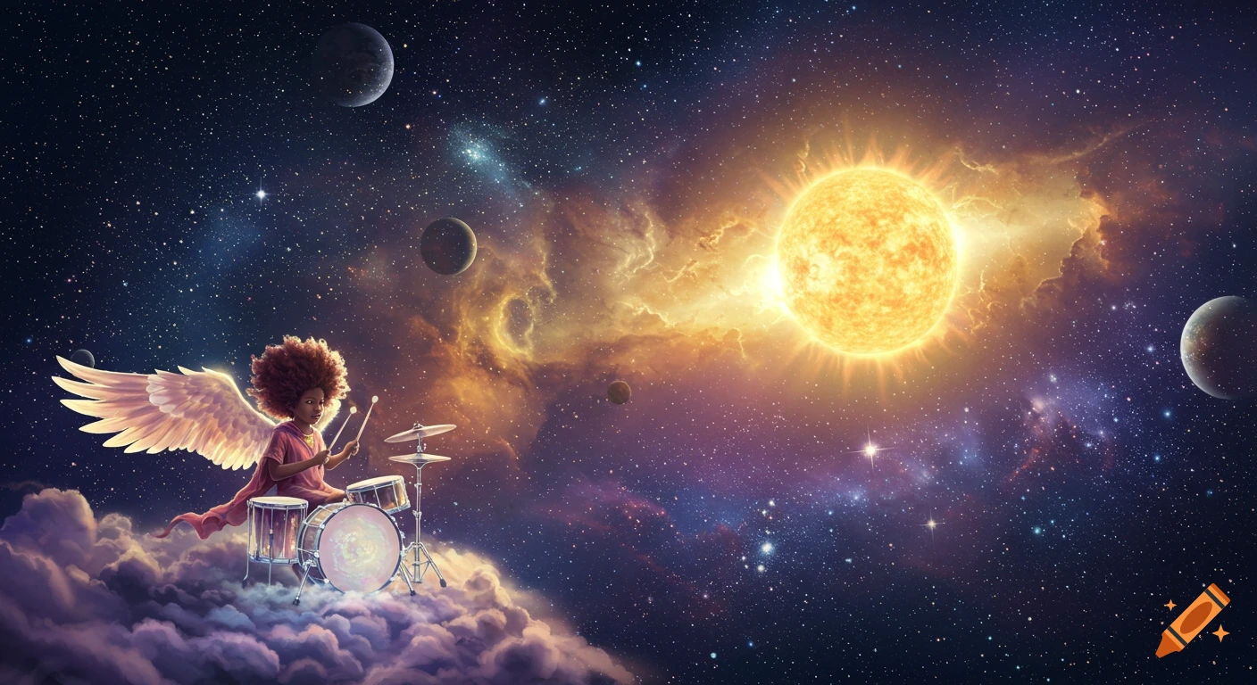 A winged child with an afro plays drums on a cloud in cosmic space ...