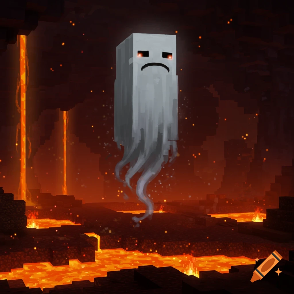 A pixelated white Minecraft Ghast with red eyes and a sad expression floats in a dark, lava ...