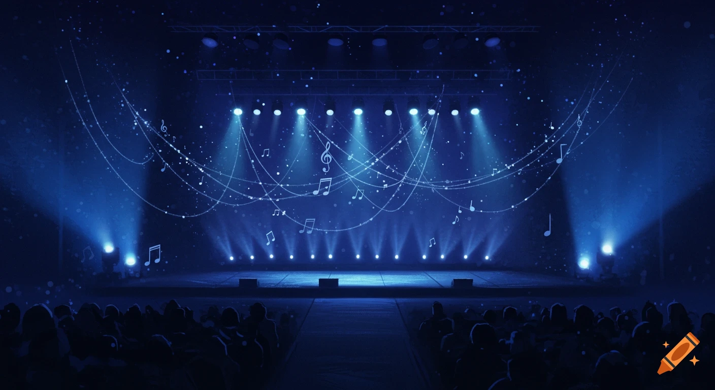 A dreamy, dark blue concert stage under bright spotlights with ...