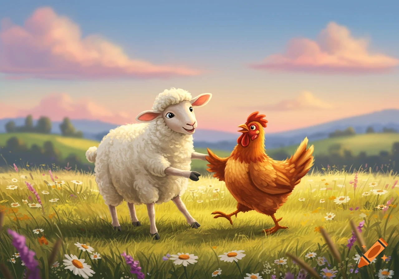 A happy cartoon sheep and chicken dance together in a sunny green field ...