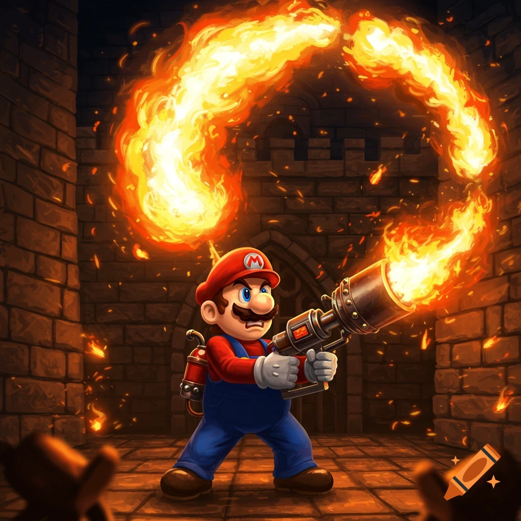 Mario in a dungeon holds a flamethrower, unleashing a circular blaze of ...