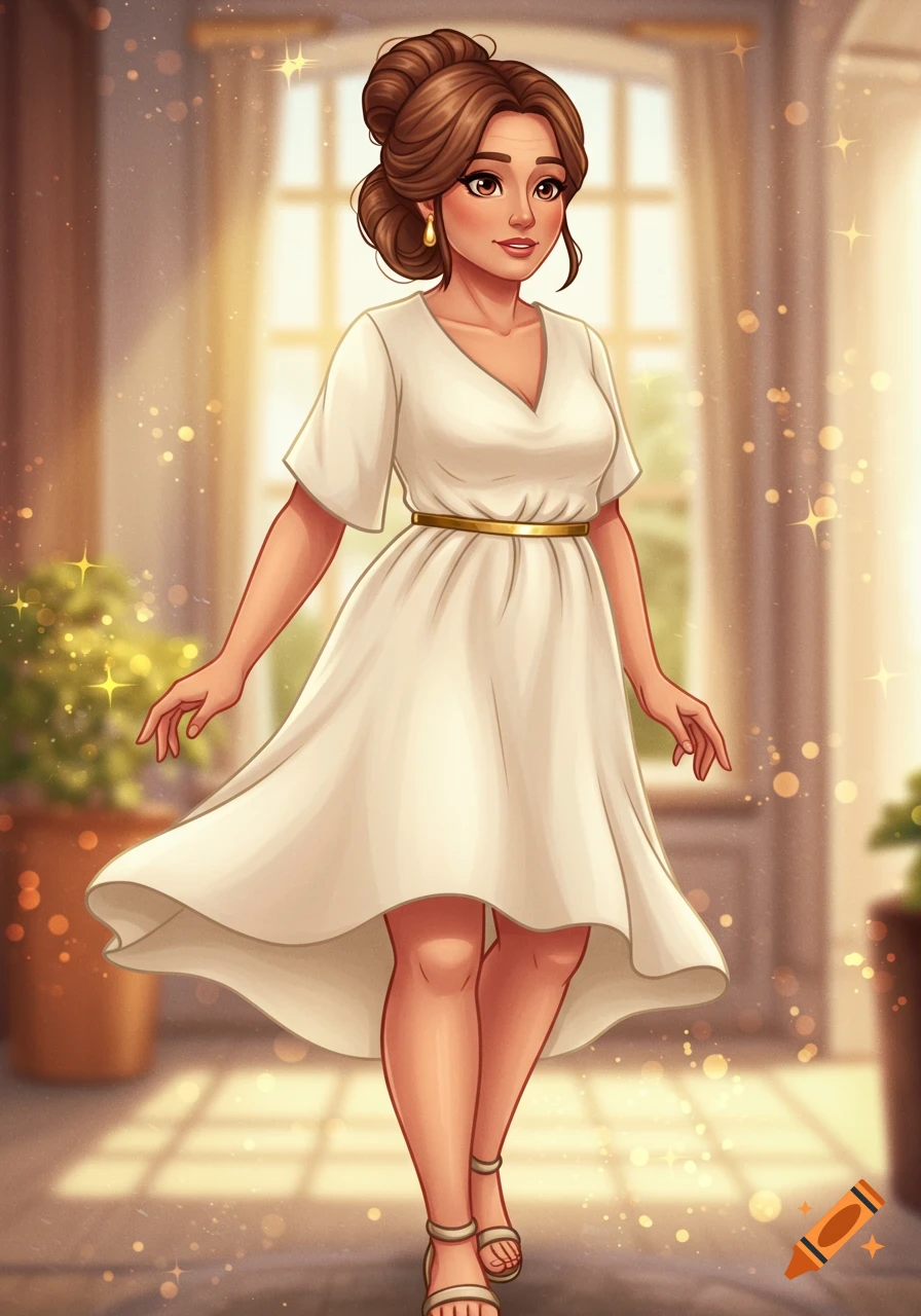 Animated woman with brown hair in a bun, wearing a cream dress with a ...