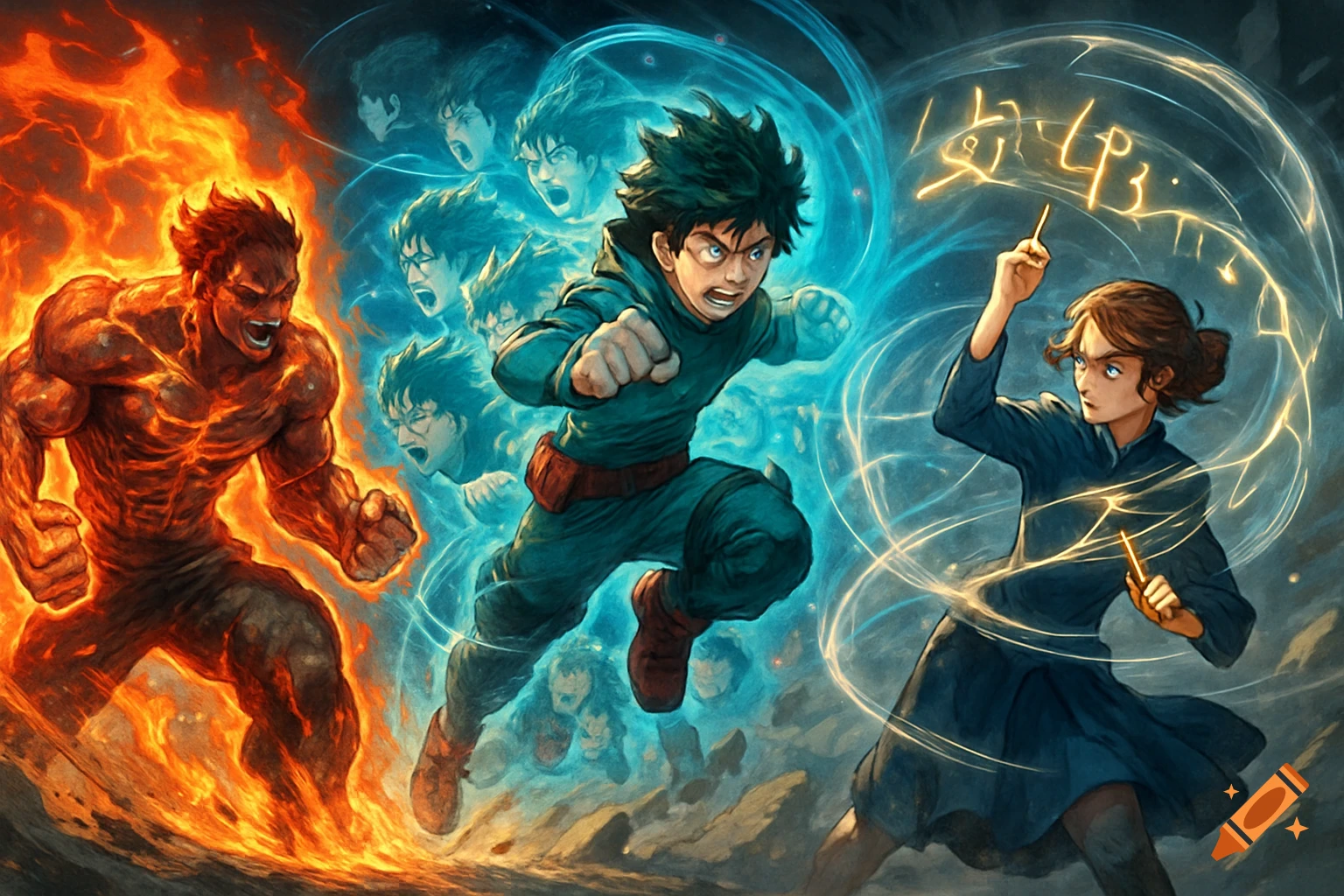 Anime-style art of a fiery man, a green-clad hero with blue energy, and ...