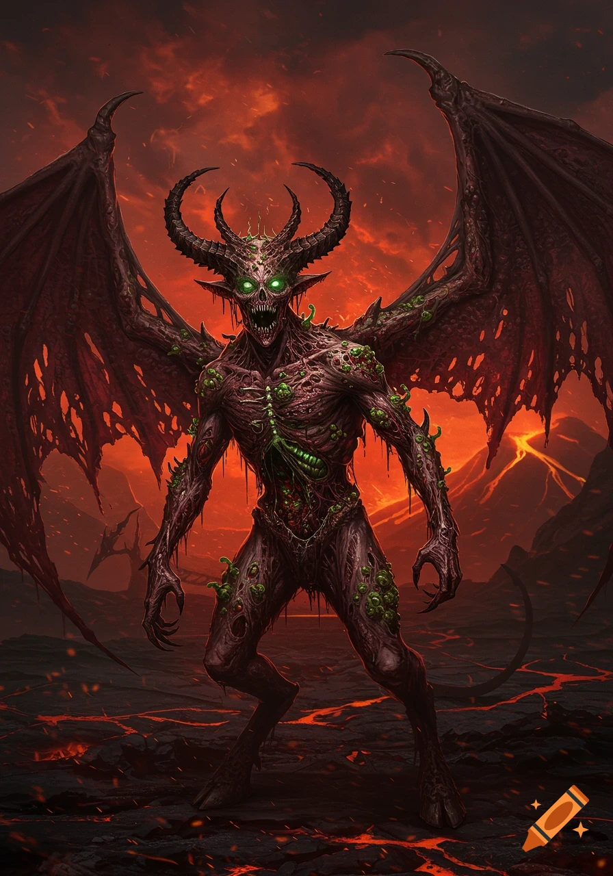 A grotesque winged demon with horns, glowing green eyes, and decaying ...