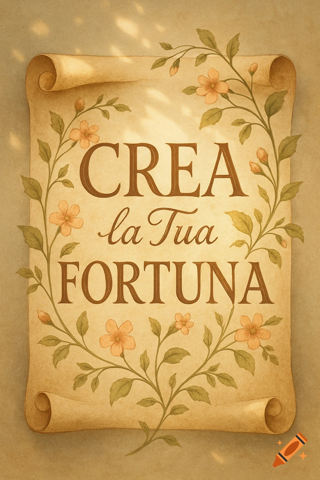 An artistic parchment scroll with green vines, peach flowers, and the Italian text 'CREA la Tua ...