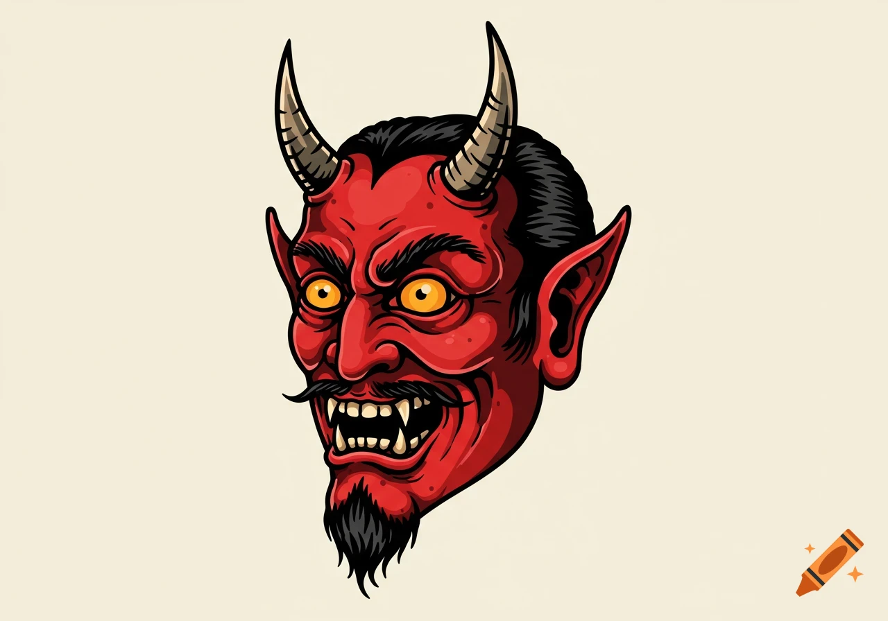 Traditional American tattoo illustration of a red devil head with horns ...