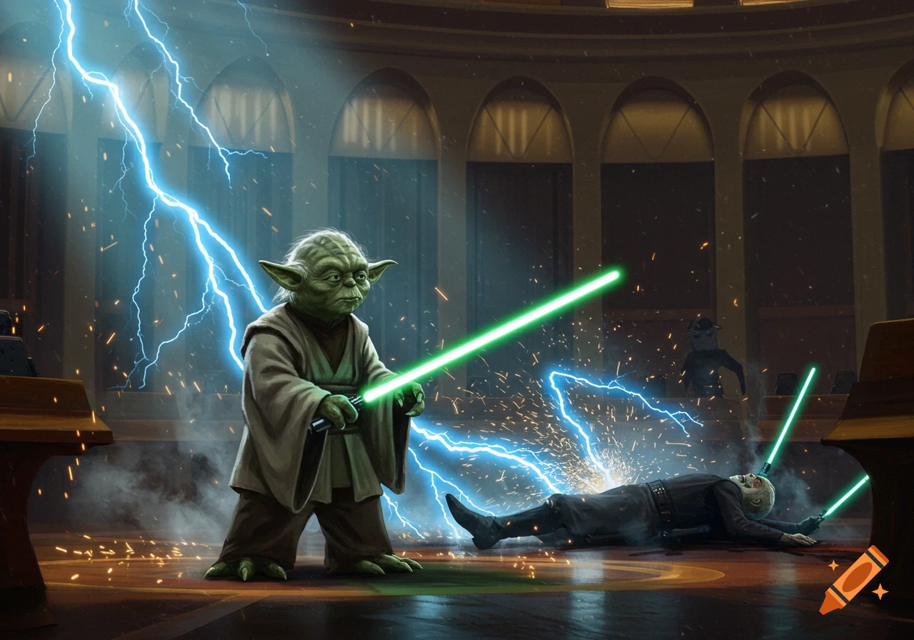 Yoda wielding a green lightsaber and Force lightning against Palpatine ...