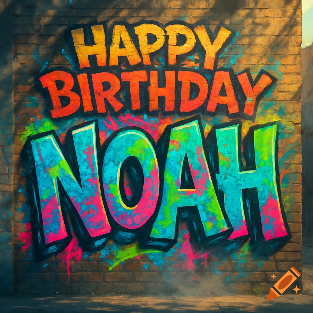 Colorful graffiti on a brick wall reads 'HAPPY BIRTHDAY NOAH' in a bold ...