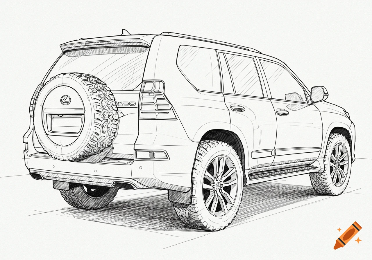 Line art drawing of the rear three-quarter view of a white Lexus GX460 ...