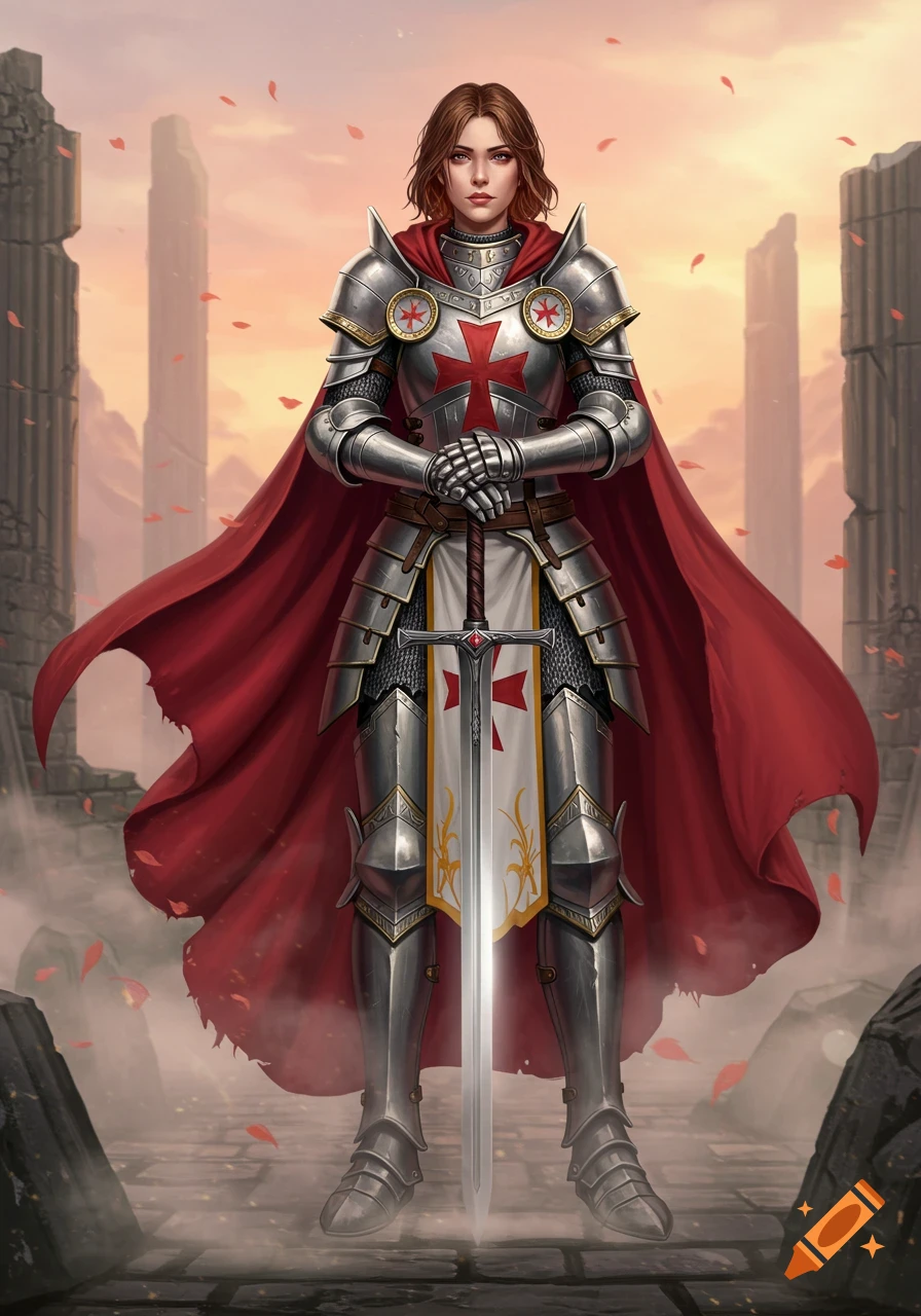 A female templar knight in full plate armor and a red cape stands with ...