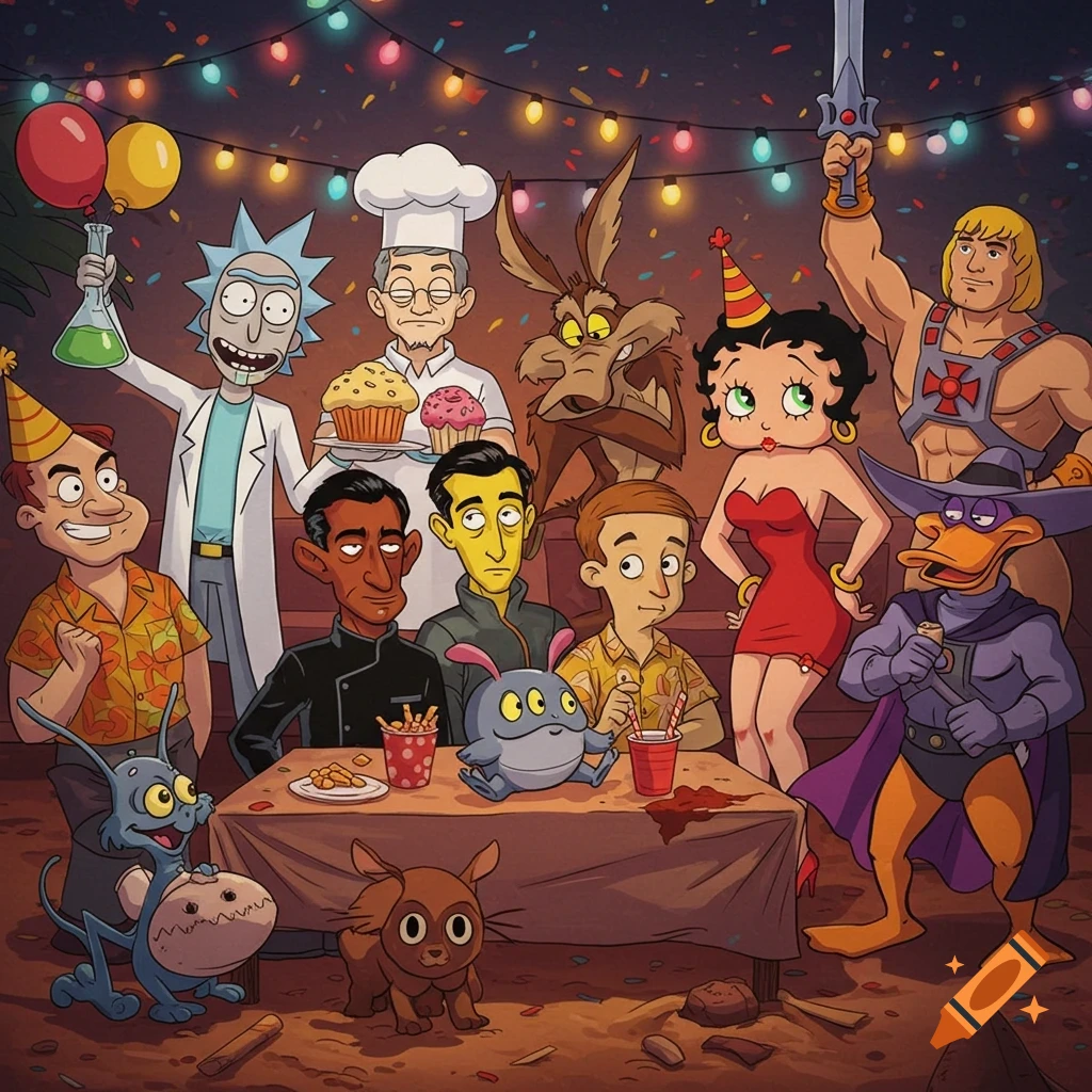 A group of diverse cartoon characters, including Rick Sanchez, Wile E ...
