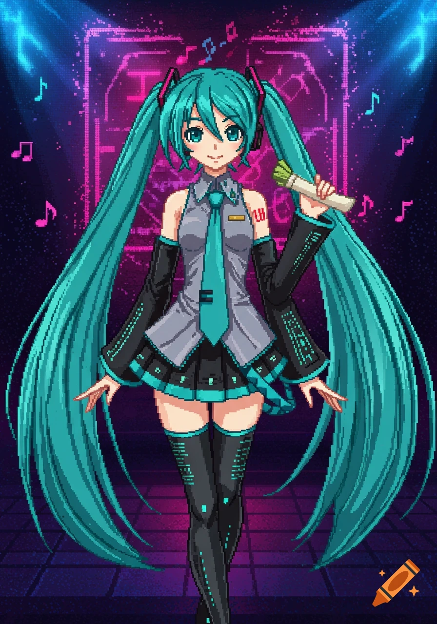 Pixel art of Hatsune Miku with long teal pigtails, wearing her ...