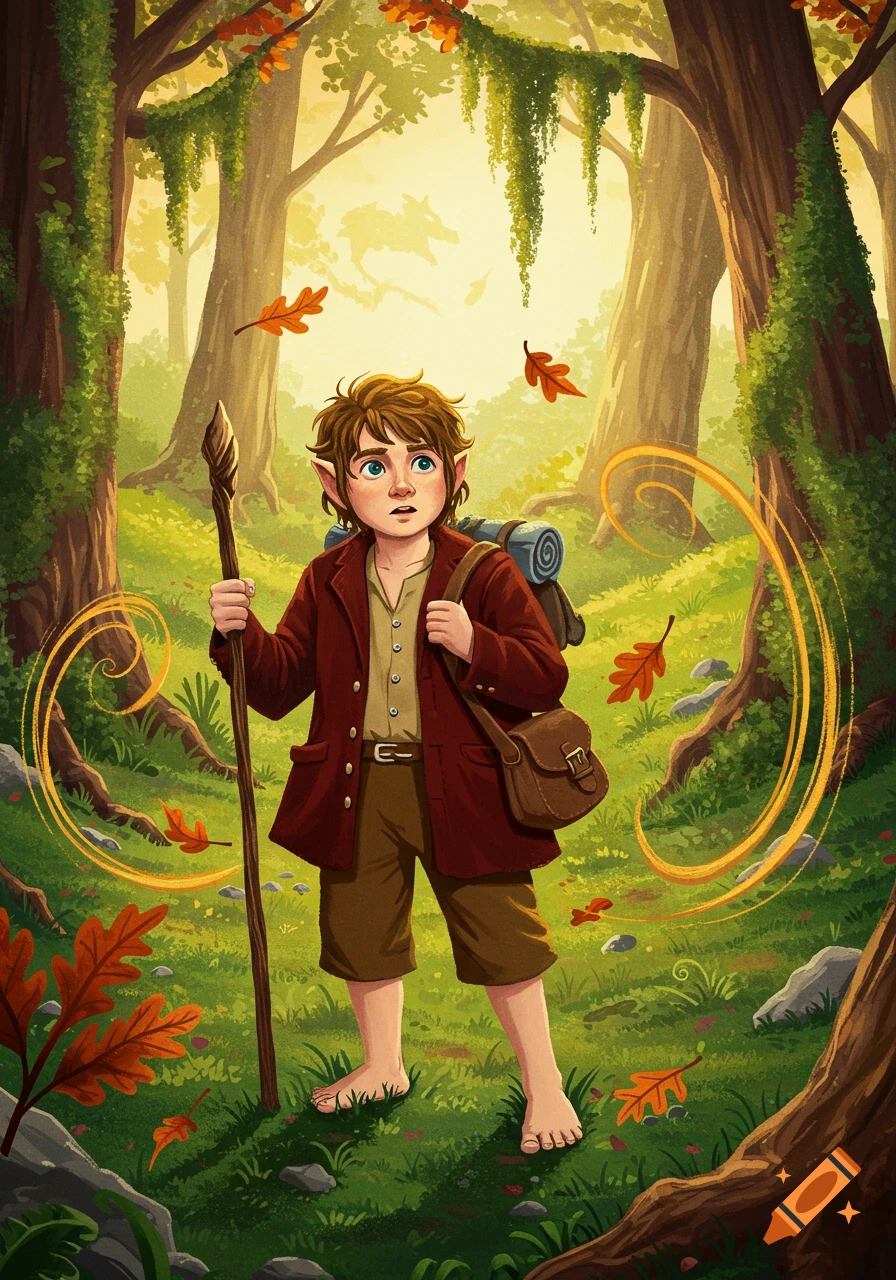 An illustrated young hobbit with a staff and backpack stands barefoot ...