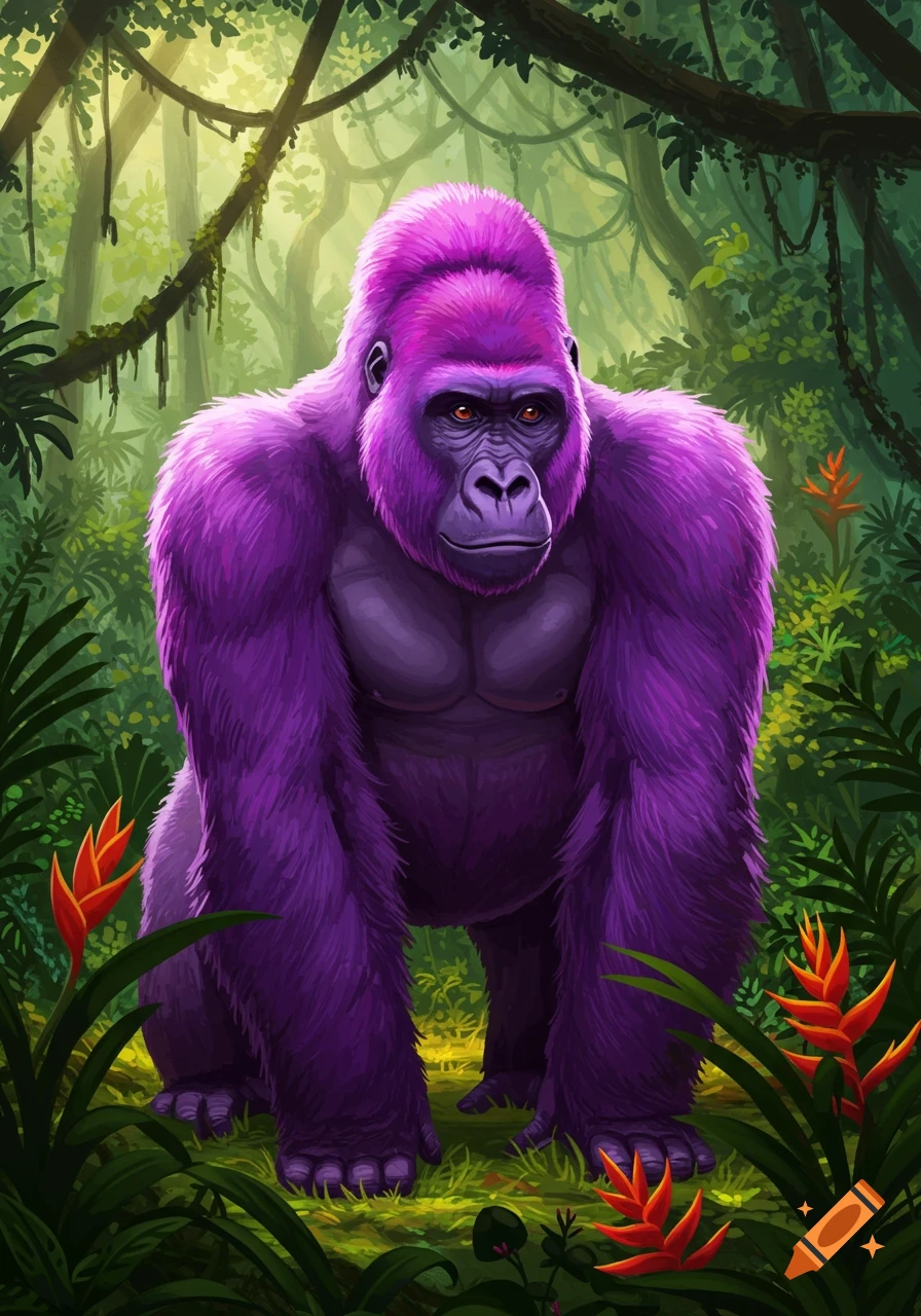 A vibrant, detailed illustration of a large purple gorilla standing in ...