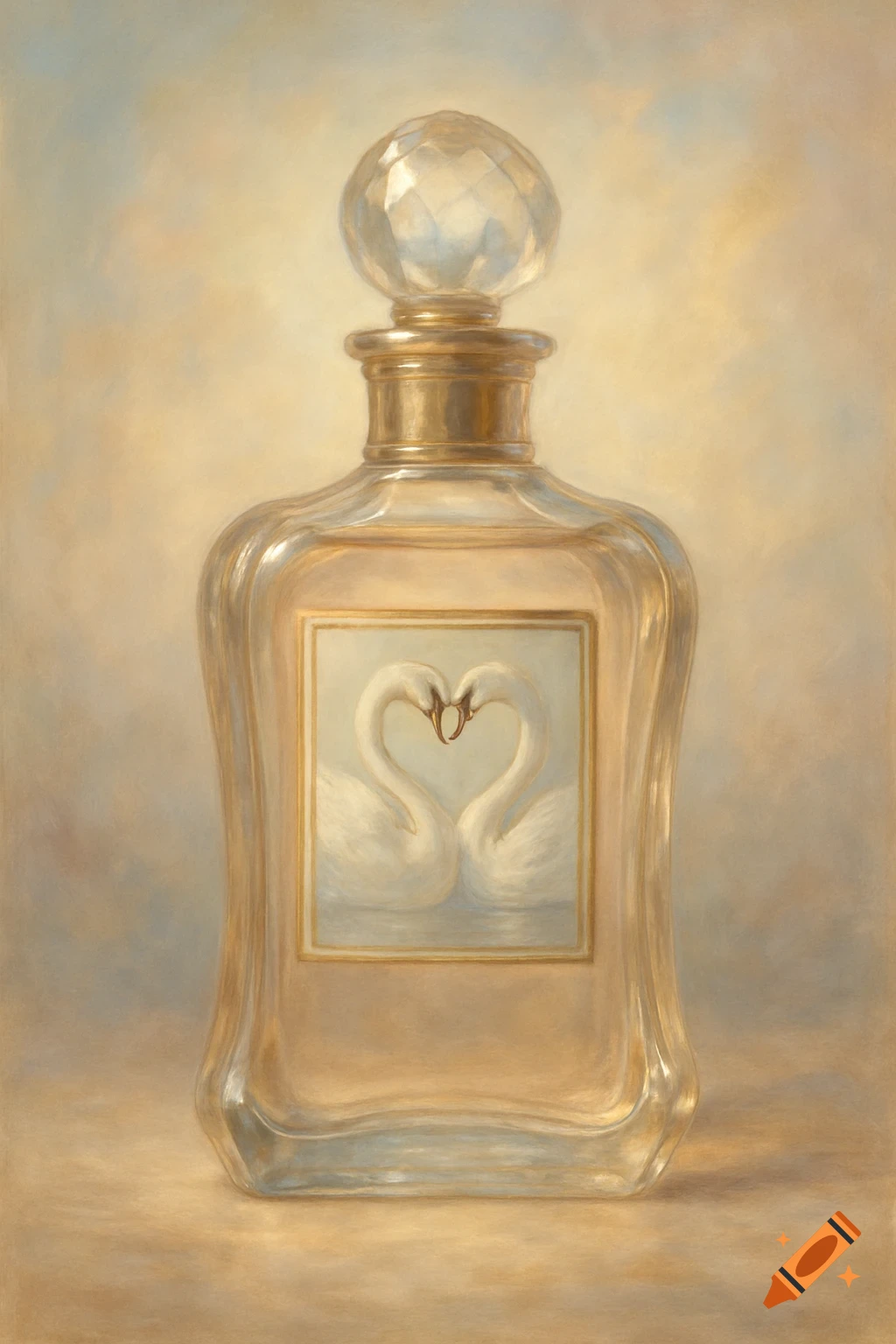 Elegant painting of a perfume bottle with a crystal stopper, featuring ...