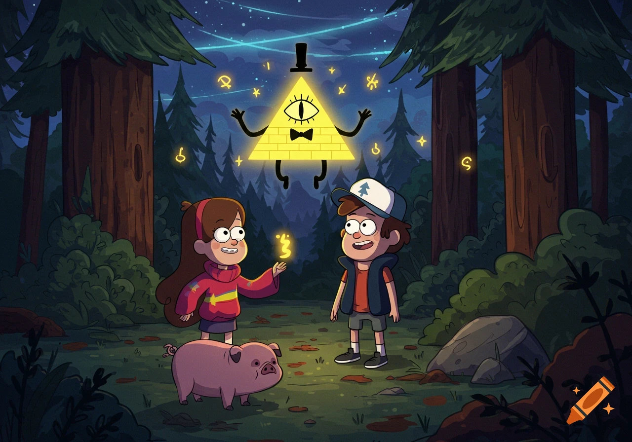 Mabel, Dipper, and Waddles the pig look at the glowing triangular demon ...