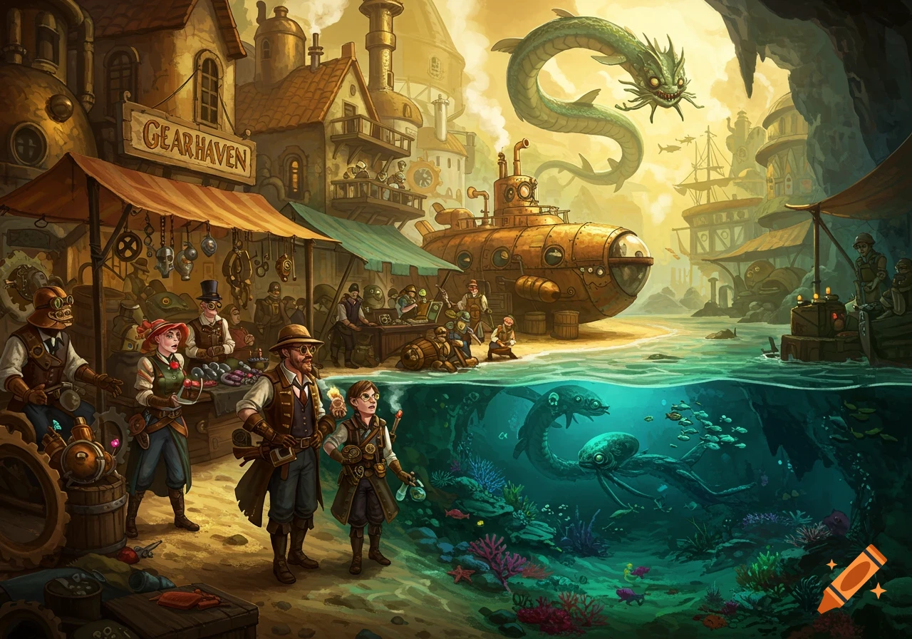 Vibrant steampunk illustration of Gearhaven market on a beach, with ...