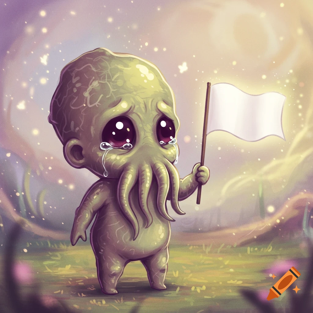 A cute, chibi, green-skinned Cthulhu-like creature with tentacles cries ...