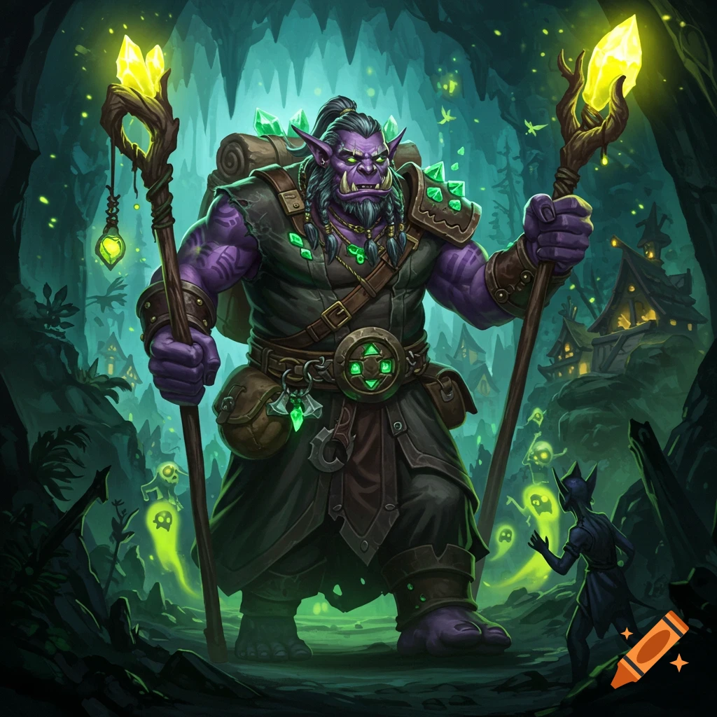 A muscular purple orc sorcerer with glowing eyes holds crystal staffs ...