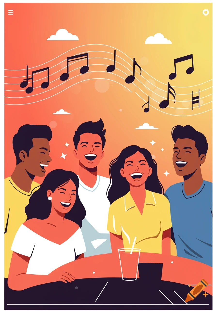 Flat illustration of five diverse people laughing around a table with ...