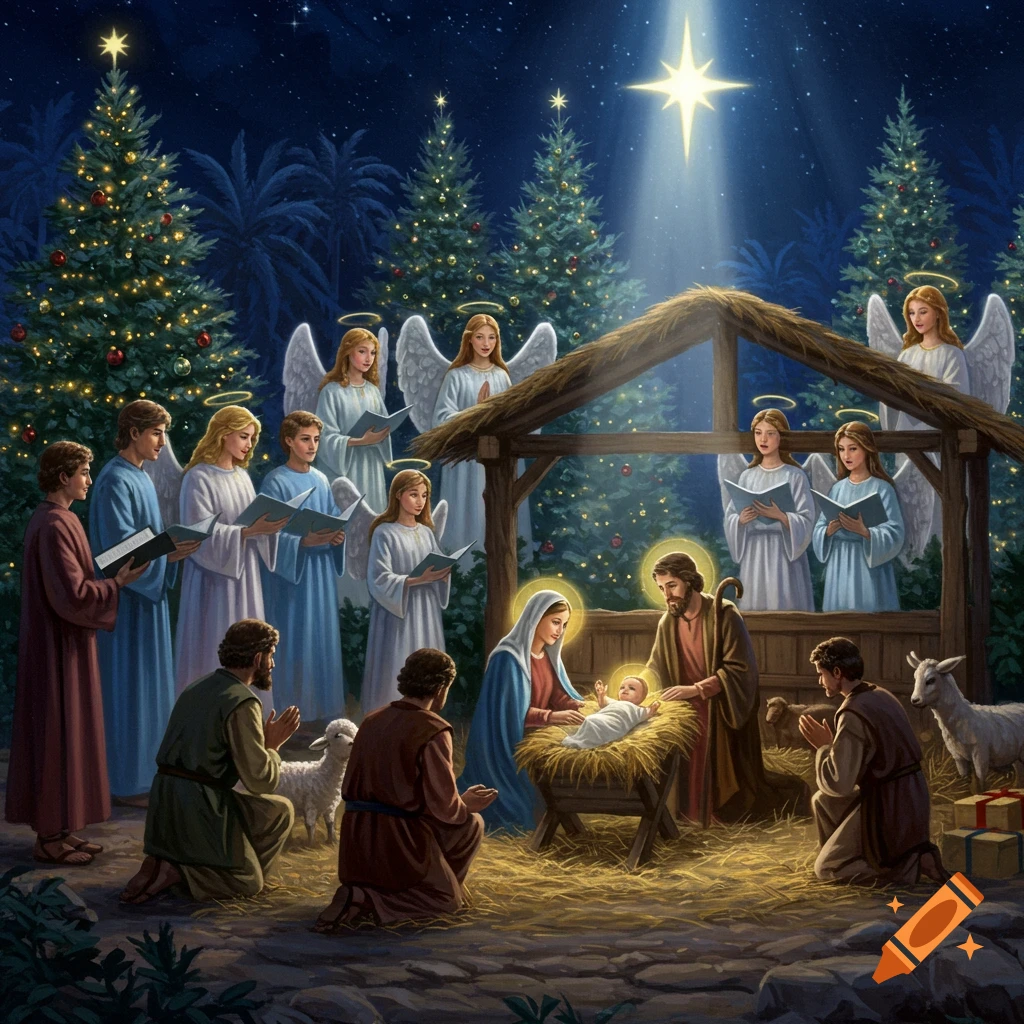 Mary, Joseph, and baby Jesus in a manger with kneeling shepherds ...