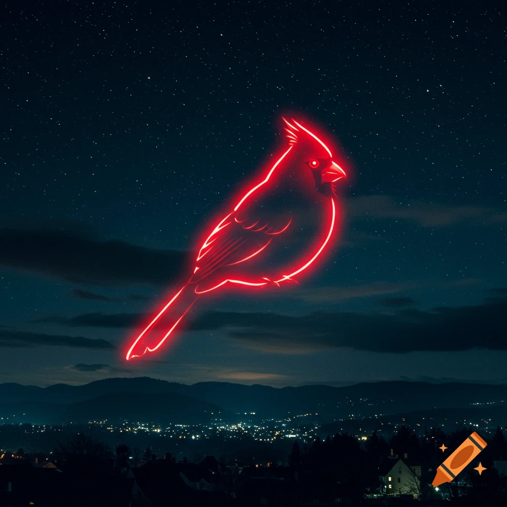 A bright red neon outline of a cardinal bird glows in a starry night ...