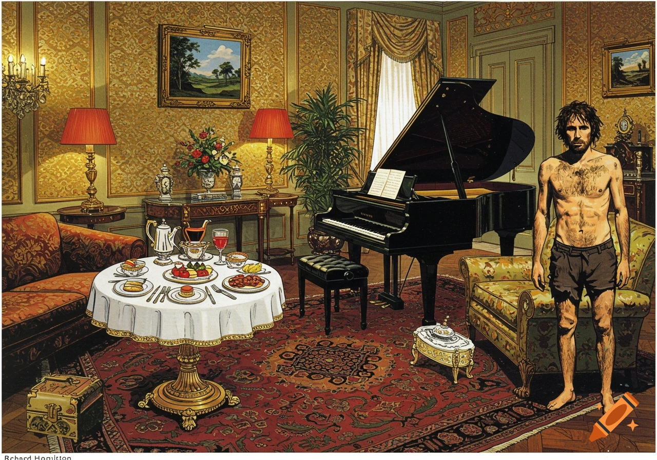 Shirtless, unkempt man standing in an opulent pop art living room with ...