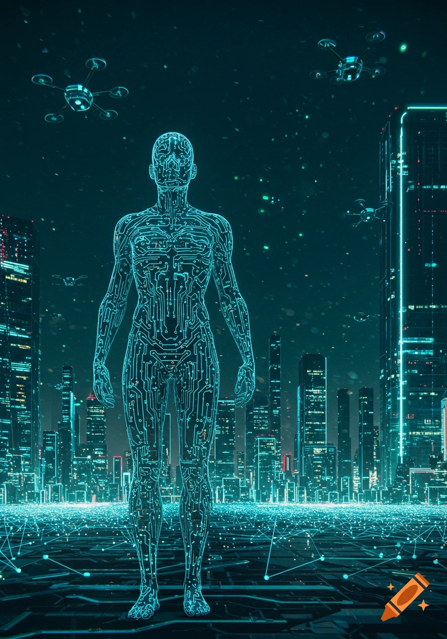 A glowing circuit-patterned human figure stands in a futuristic city ...
