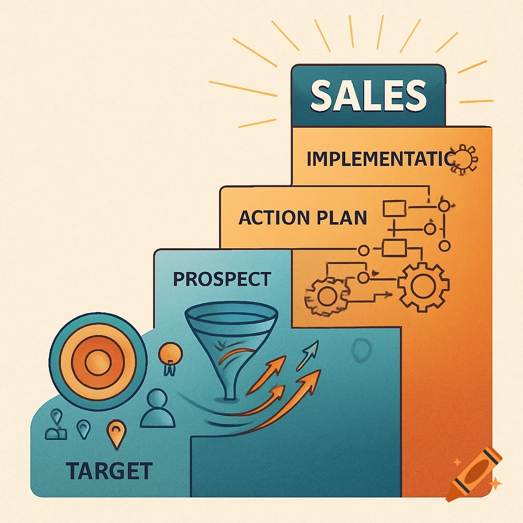 A business sales funnel diagram depicted as a staircase, with steps ...