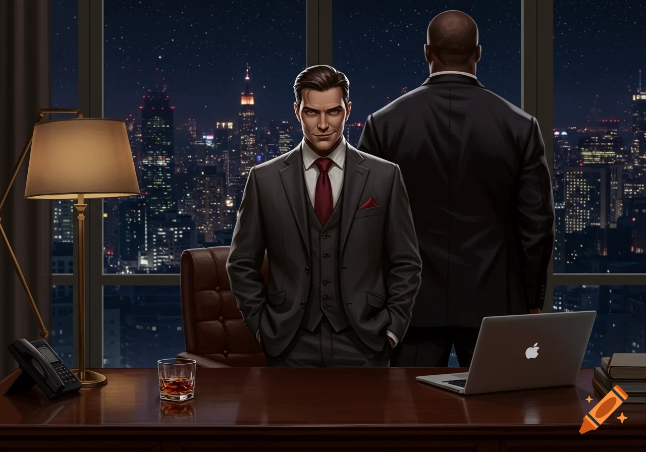 Two suited men, a businessman and his bodyguard, in a high-rise office ...