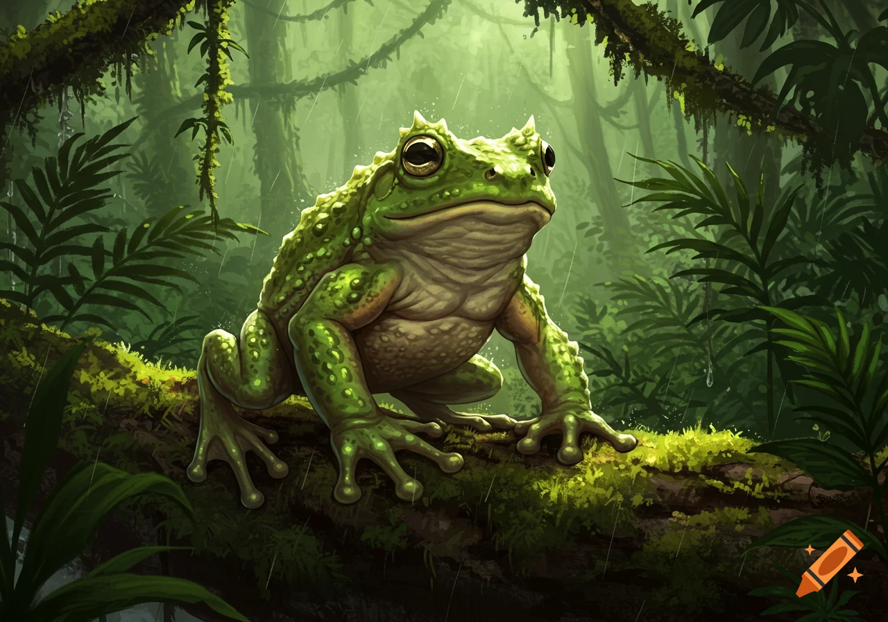 A large green frog with bumpy skin sits on a mossy log in a rainy ...