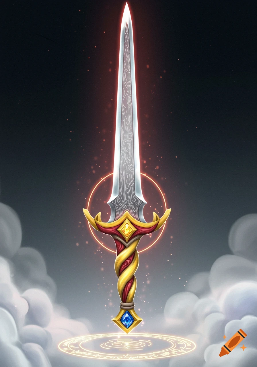 A magical sword with a damascene blade, red and gold hilt with gems ...