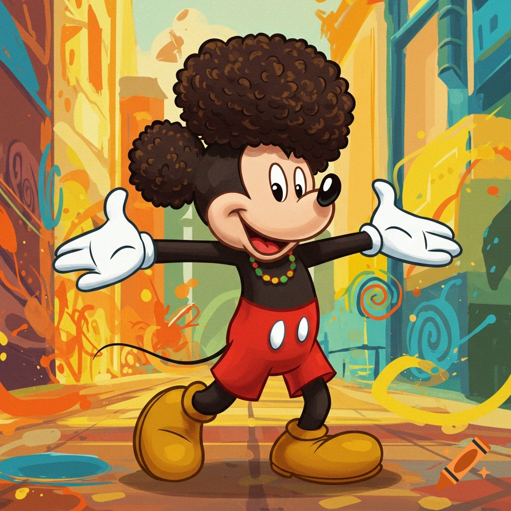 Cartoon Mickey Mouse with a large afro and red shorts, arms ...
