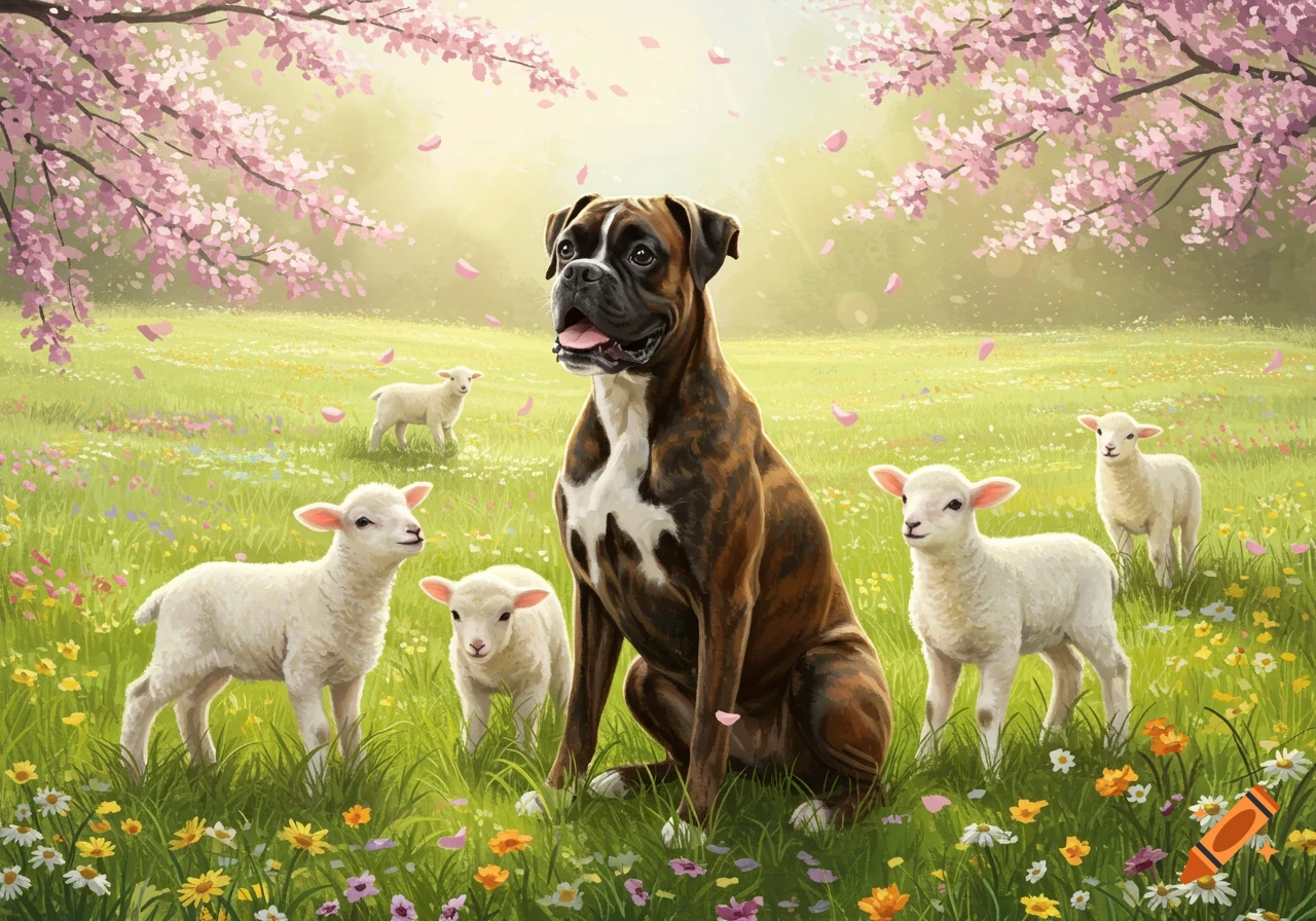 A happy brindle boxer dog sits with white lambs in a dreamy spring ...