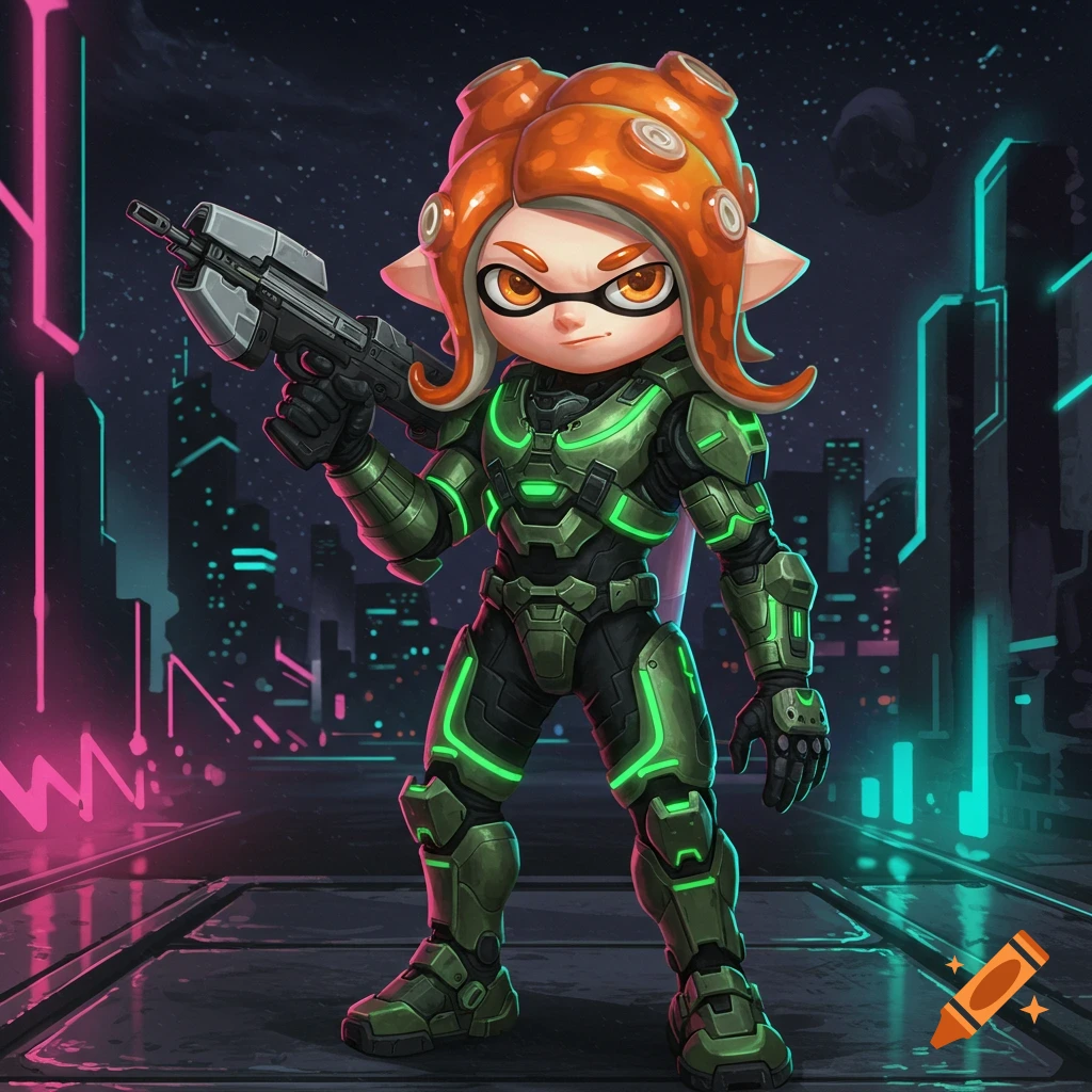An Inkling character in green Master Chief armor holds a blaster in a ...